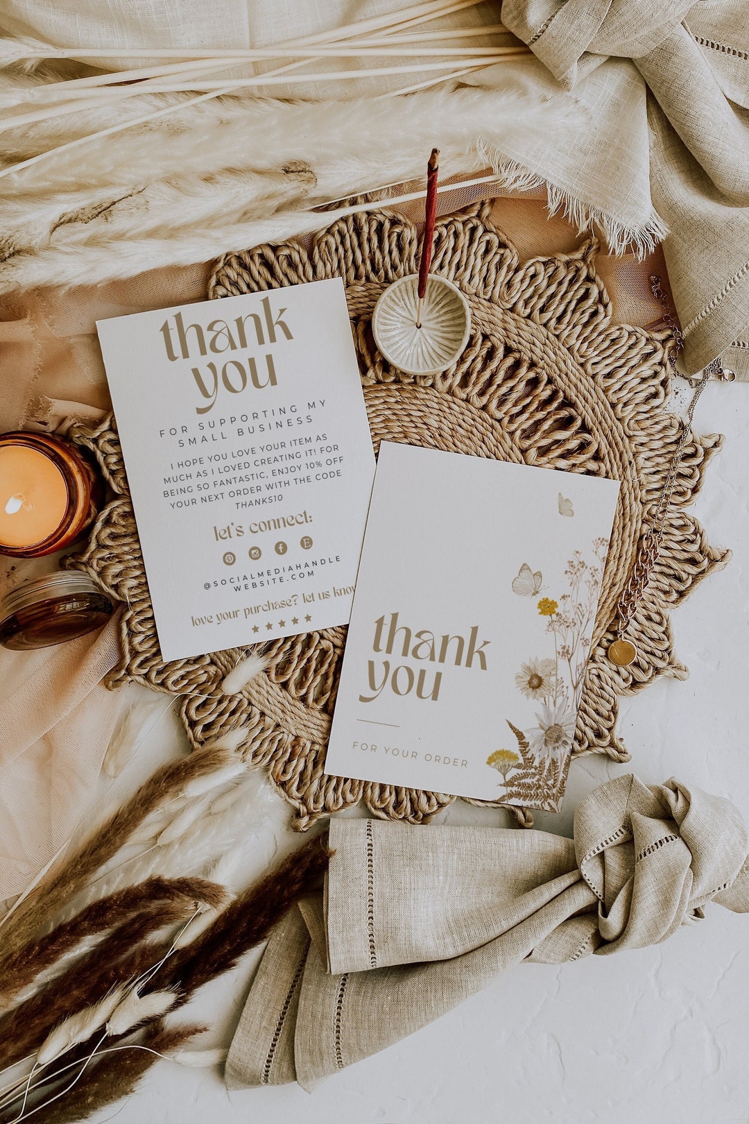 DIY Boho Thank You Card Template, Botanical Thank You Package Insert ...