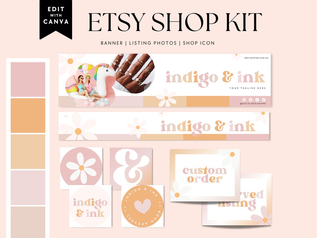 Rainbow Etsy Shop Template Kit Canva, Pastel Etsy Banner, Retro Daisy ...