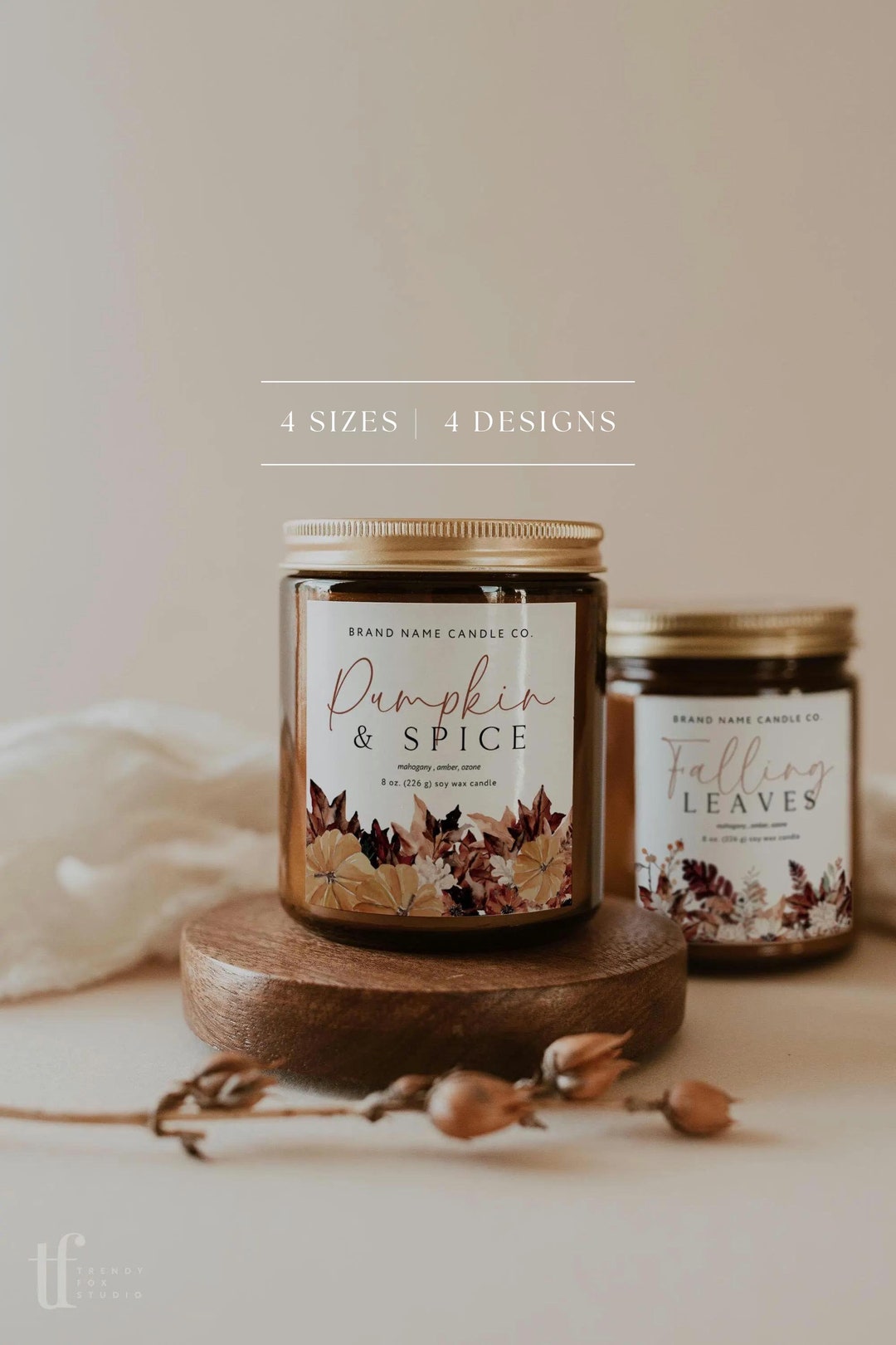 Fall Candle Label Canva Template, Autumn Watercolor Leaves Pumpkin ...