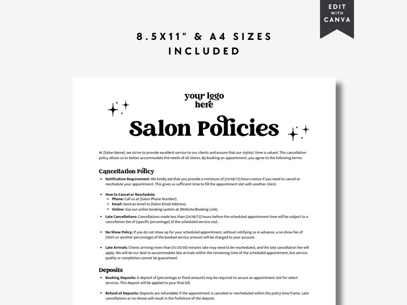Editable Salon Policies Form Canva Template, Cancellation/booking ...