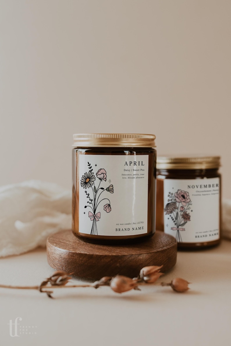 Birth Month Flower Candle Label Canva Template, Editable Candle Jar ...