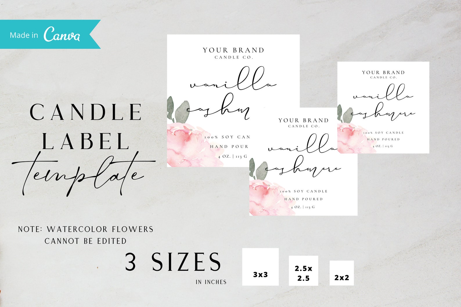 Floral Watercolor Candle Label Template Editable Pink Candle - Etsy