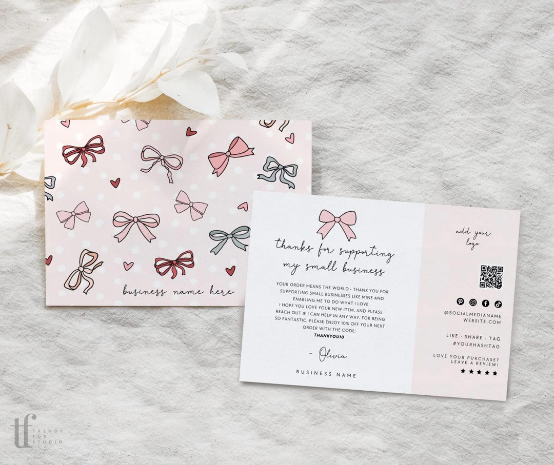 Coquette Bows Business Thank You Card Canva Template, QR Code Editable ...