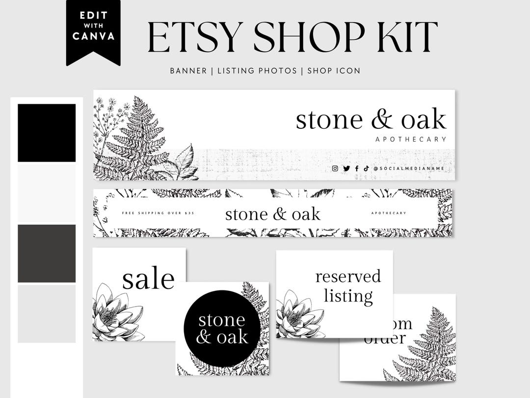 Rustic Botanical Etsy Shop Kit Canva Template, Etsy Store Branding ...