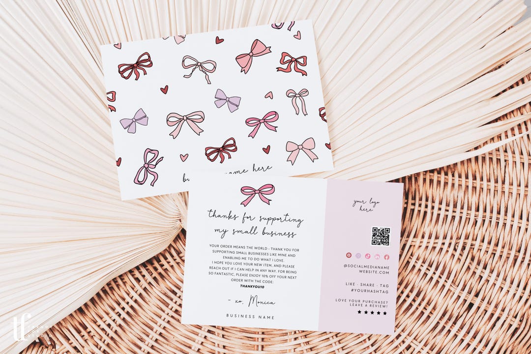 Coquette Bows Business Thank You Card Canva Template, QR Code Editable ...