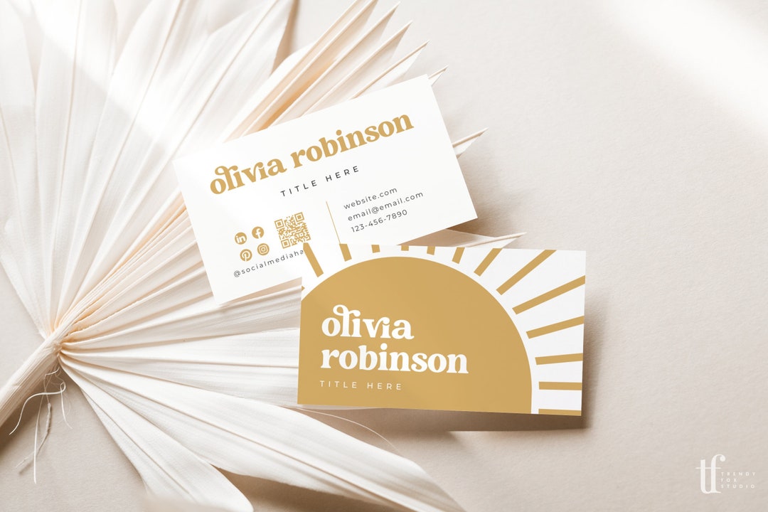 Retro Sun Business Card Canva Template QR Code, Printable Business Card ...
