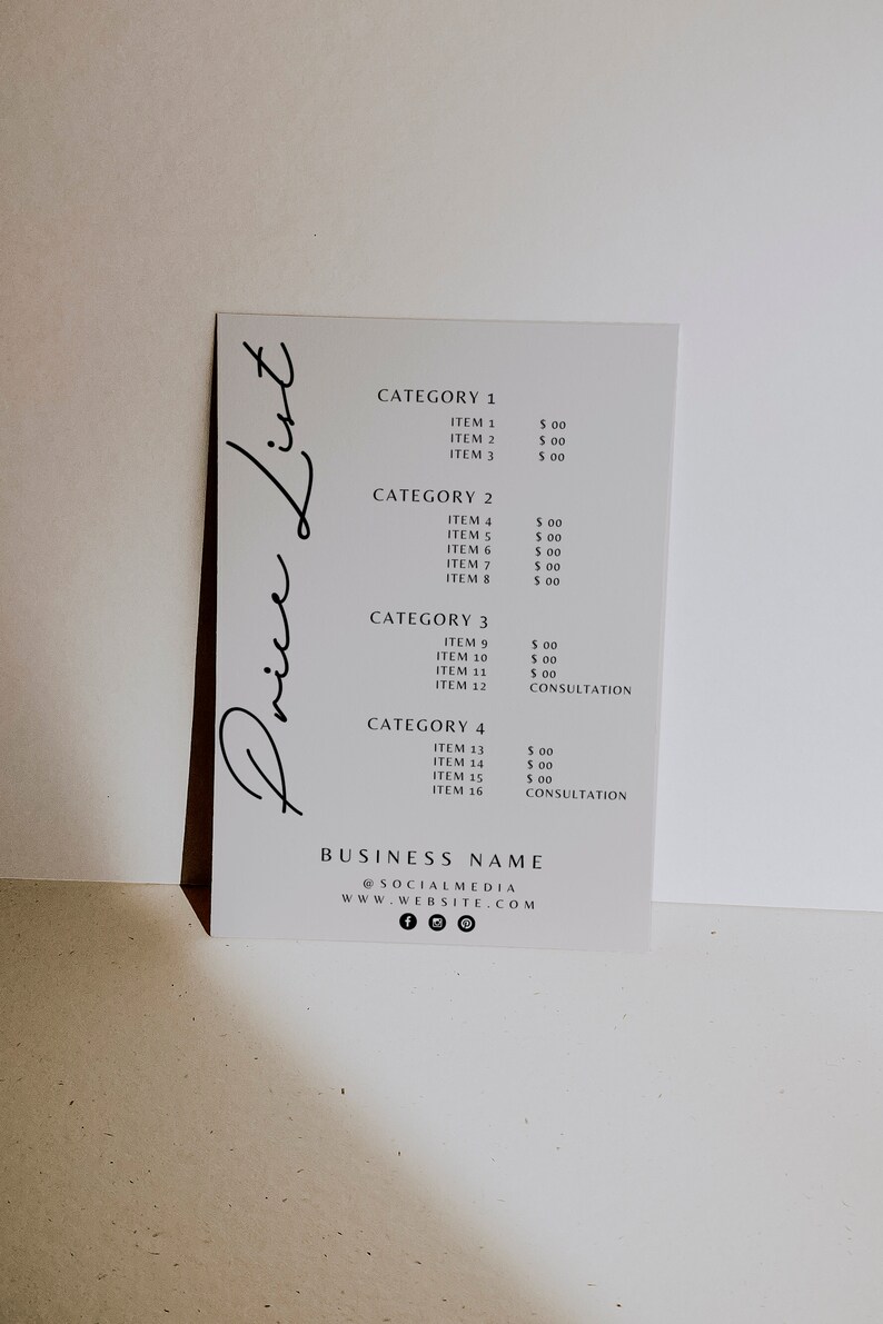 DIY Printable Price List Template Editable Price Sheet Pricing - Etsy