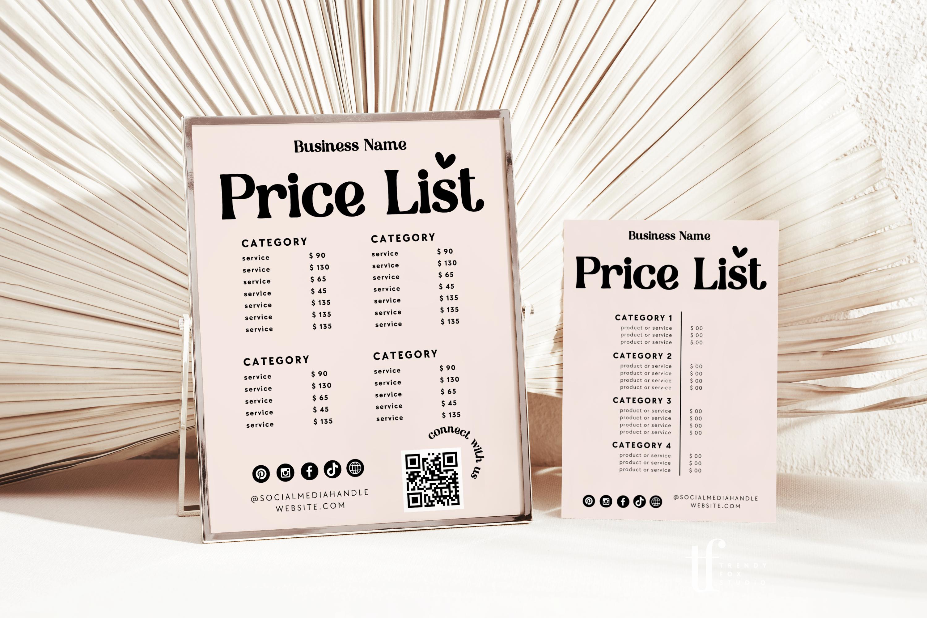 Retro Price List Canva Template, Printable Pricing Sheet With QR Code ...