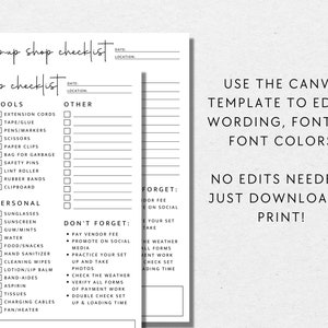 Pop-up Shop Checklist Vendor Event Planner Craft Show - Etsy