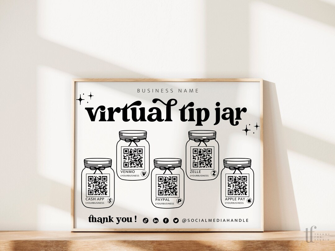 Printable Virtual Tip Jar Venmo Cashapp Payment Sign, QR Code Sign ...