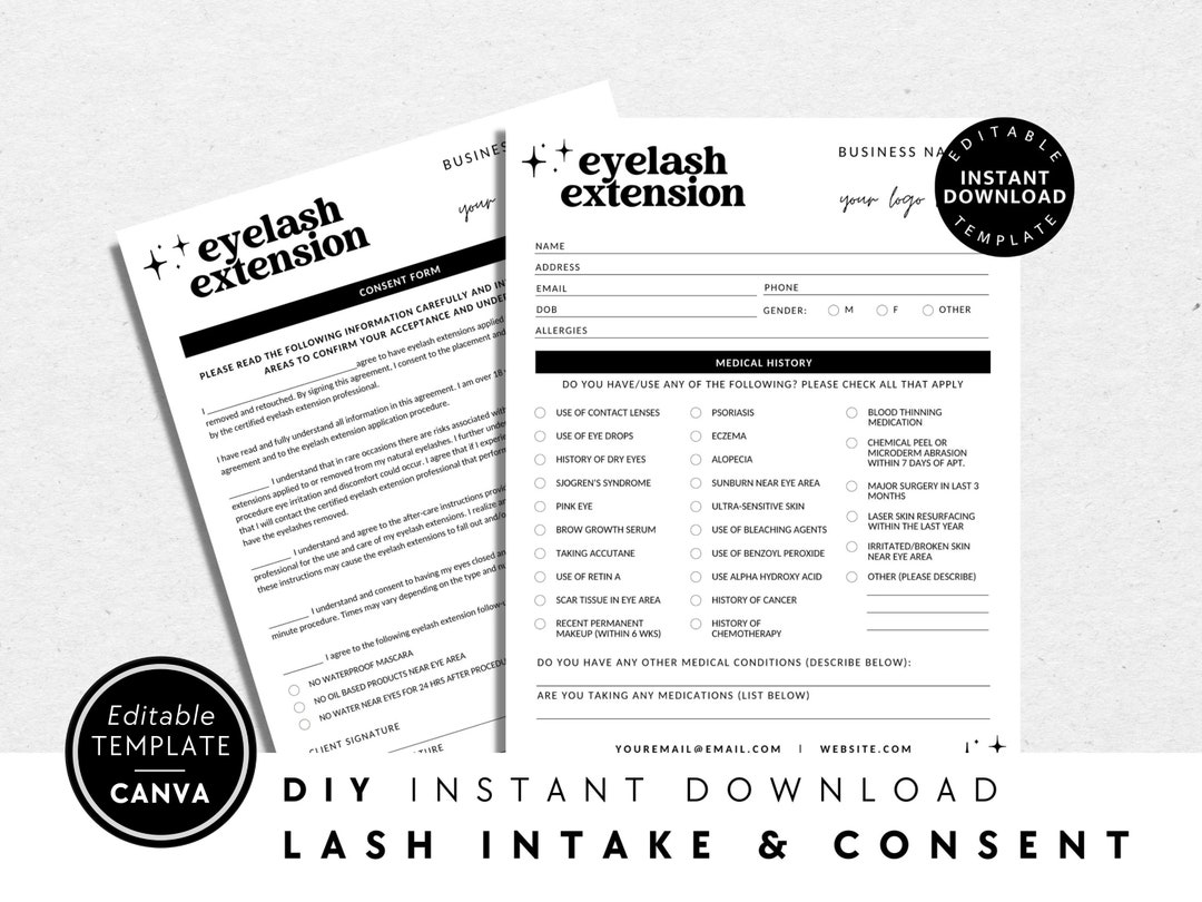 Eyelash Extension/lift Intake Form, Client Consent Form, Editable ...