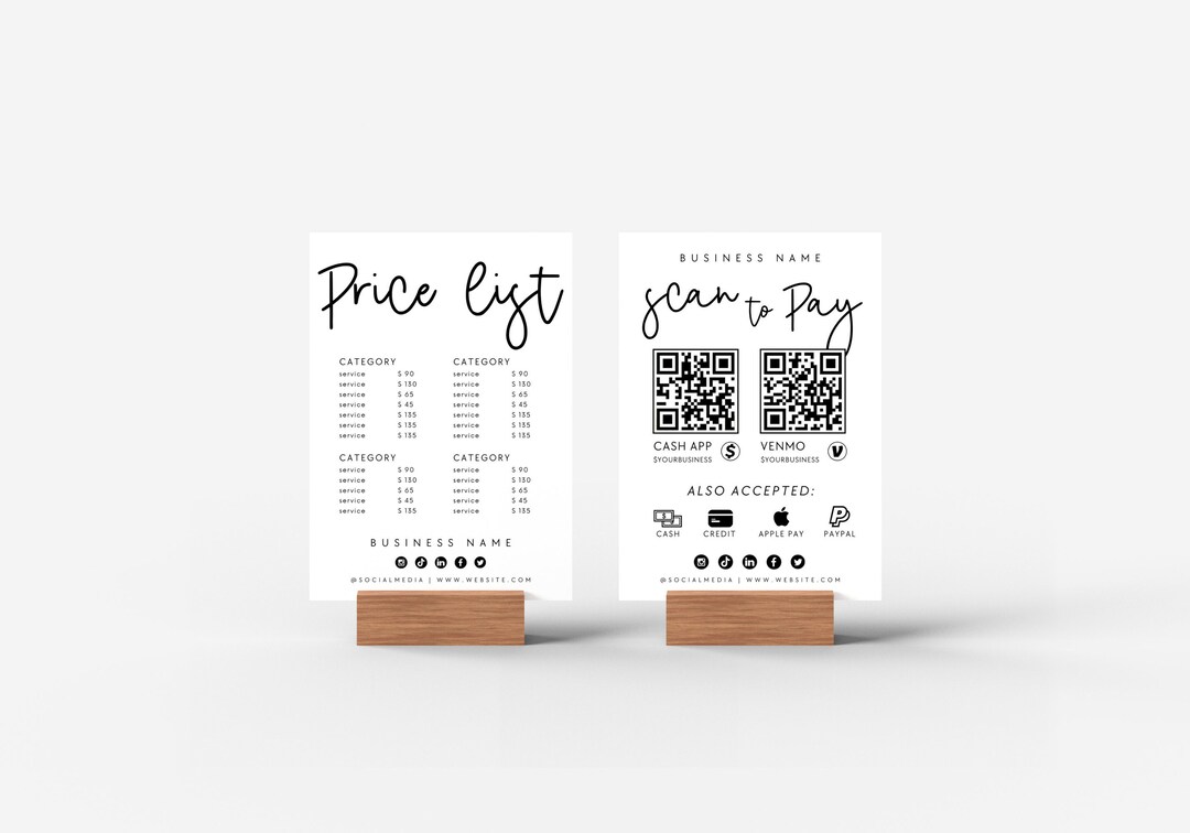 Printable Price List & Payment Sign, Minimal QR Code Sign Template ...