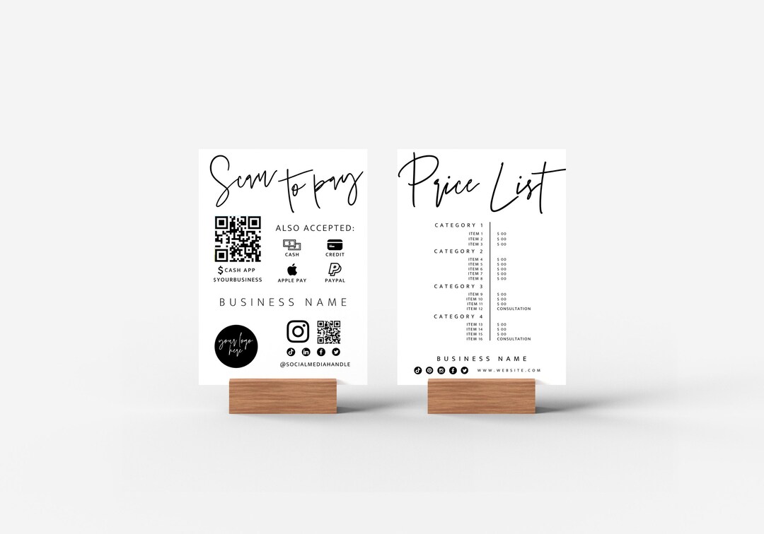 Printable Price List & Payment Sign, QR Code Sign Template, Editable ...