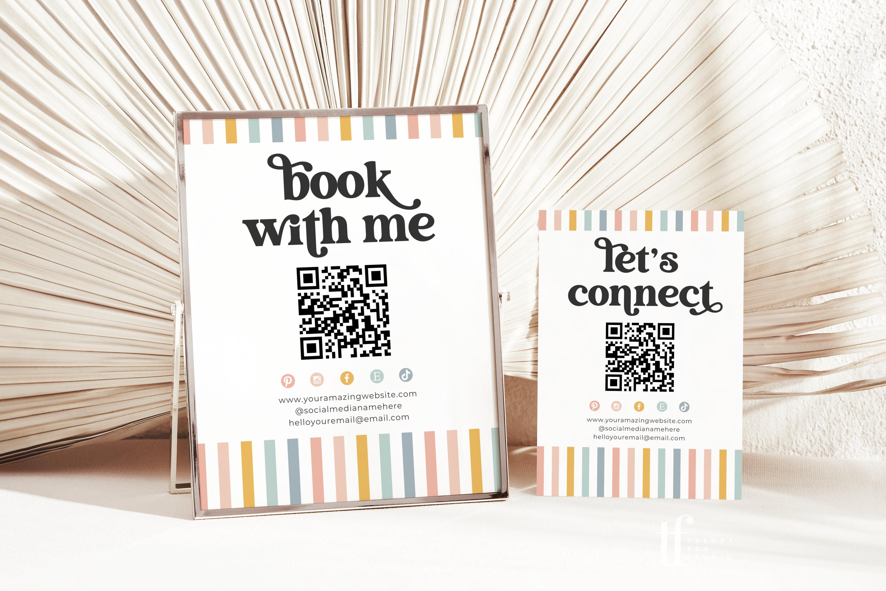 Book With Me QR Code Sign Canva Template, Editable Retro Rainbow Let's ...