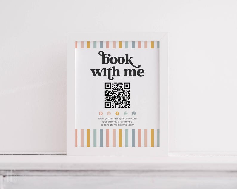 Book With Me QR Code Sign Canva Template, Editable Retro Rainbow Let's ...