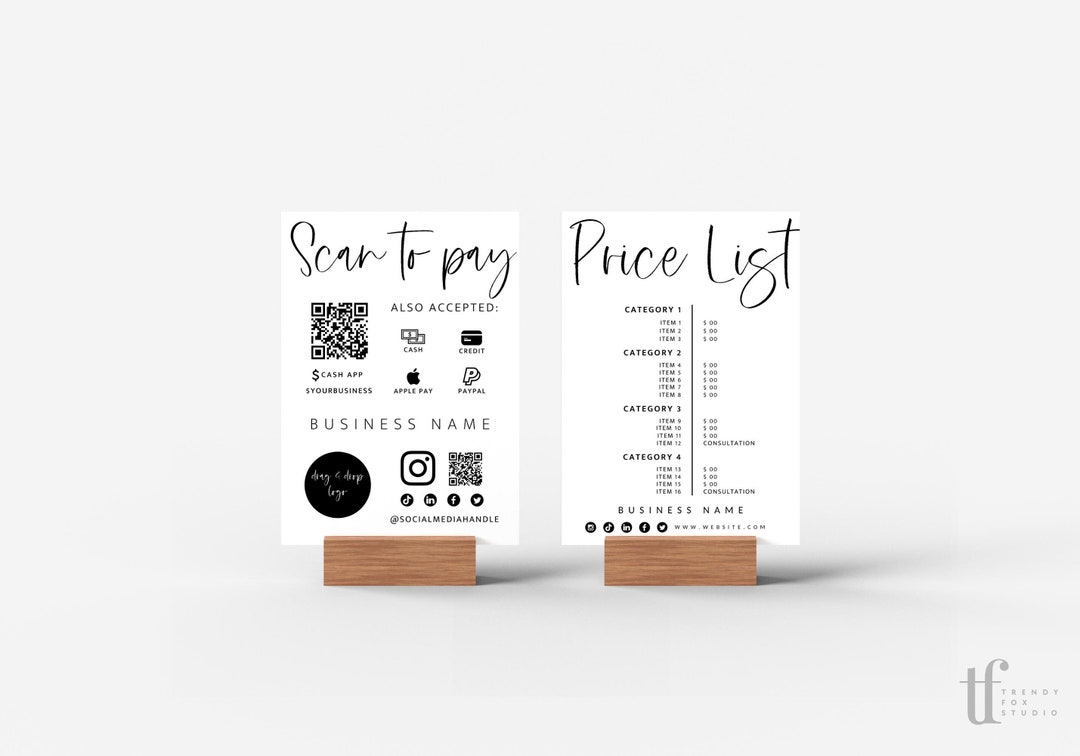 Printable Price List & Payment Sign, QR Code Sign Template, Editable ...