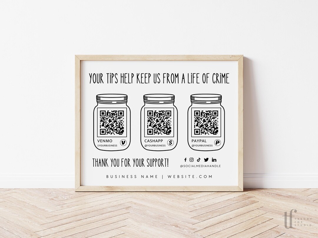 Funny Printable Virtual Tip Jar Venmo Cashapp Payment Sign, QR Code ...
