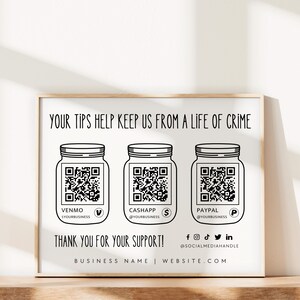 Funny Printable Virtual Tip Jar Venmo Cashapp Payment Sign, QR Code ...