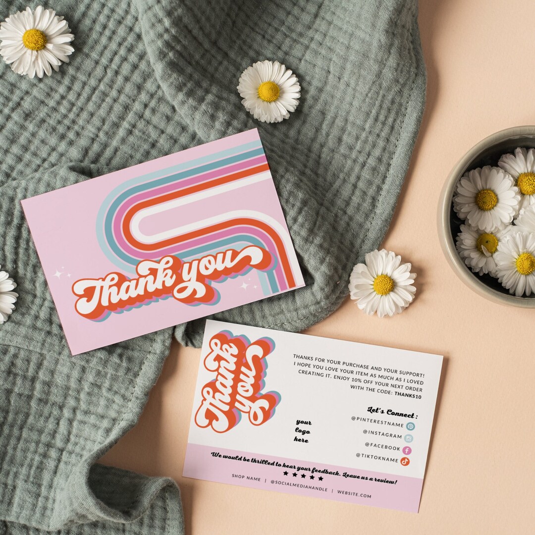 70s Retro Thank You Card Template, Editable Small Business 70s Groovy ...