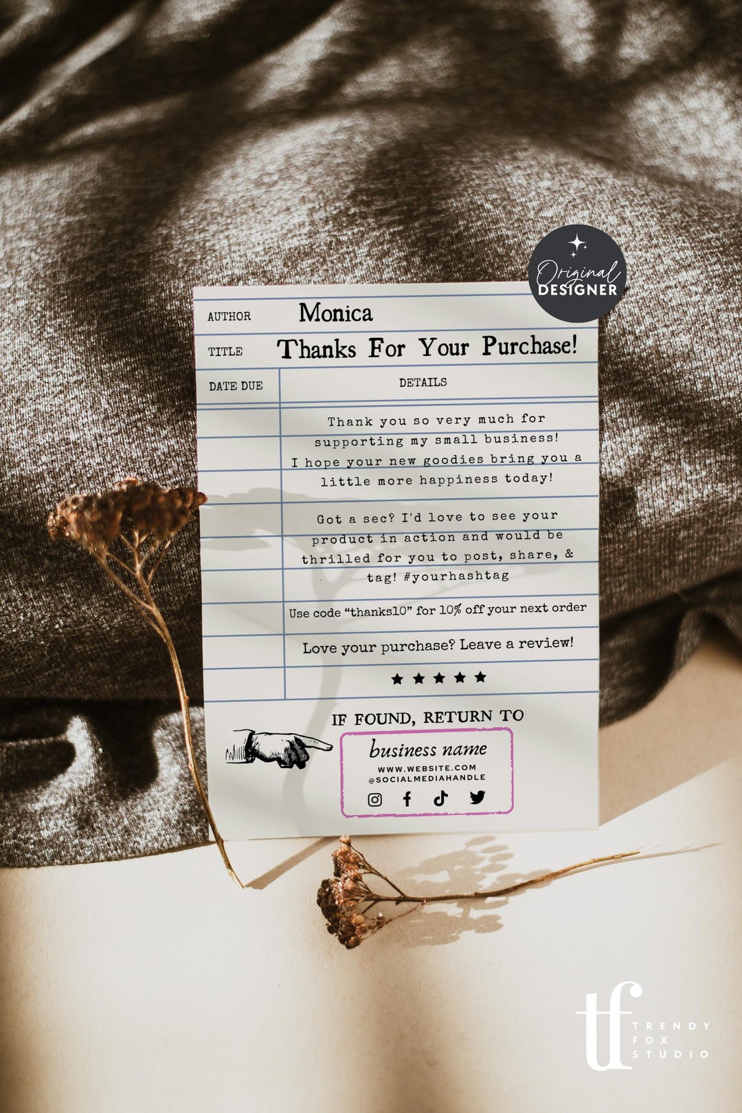 Bookish Business Thank You Card Canva Template, Editable Library Card ...