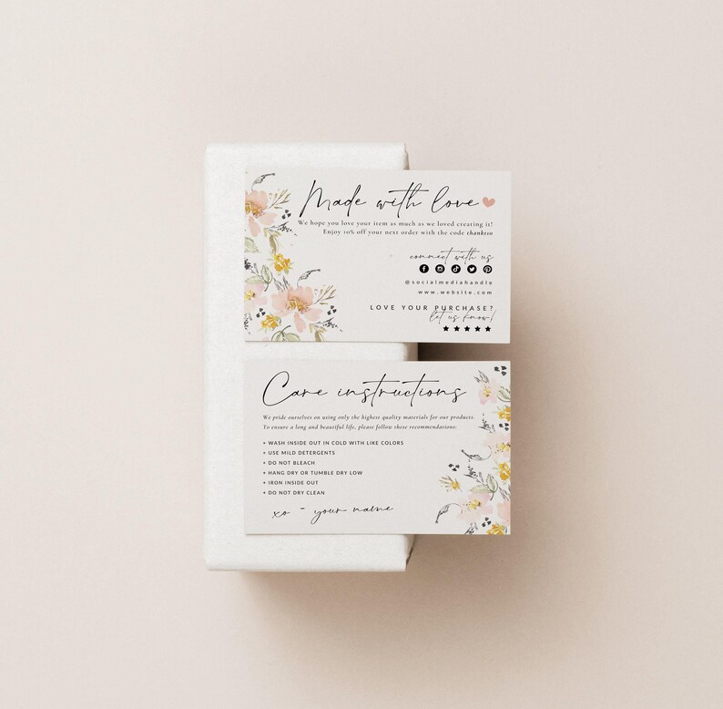 Floral Garment Care Card Canva Template, Clothing Business Package ...