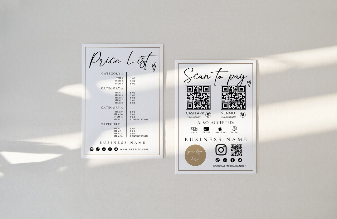 Printable Price List & Payment Sign, QR Code Sign Template, Editable ...