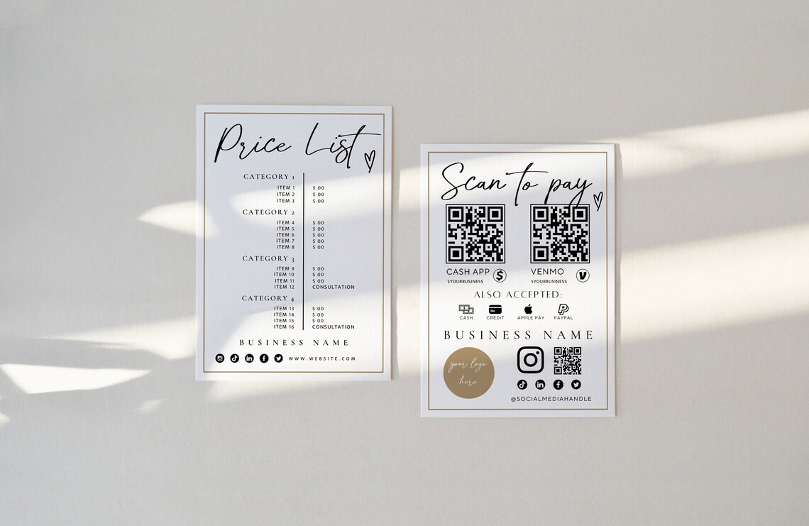 Printable Price List & Payment Sign QR Code Sign Template - Etsy