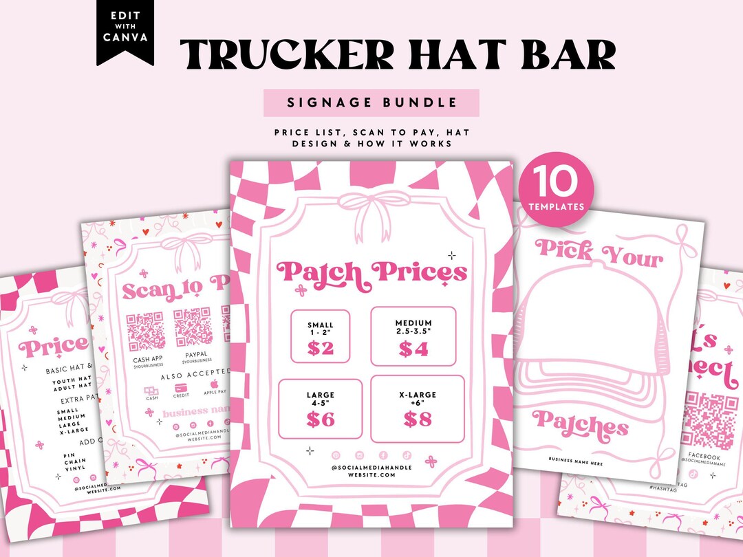 Trucker Hat Bar Signage Canva Template, Editable Hat Instruction ...