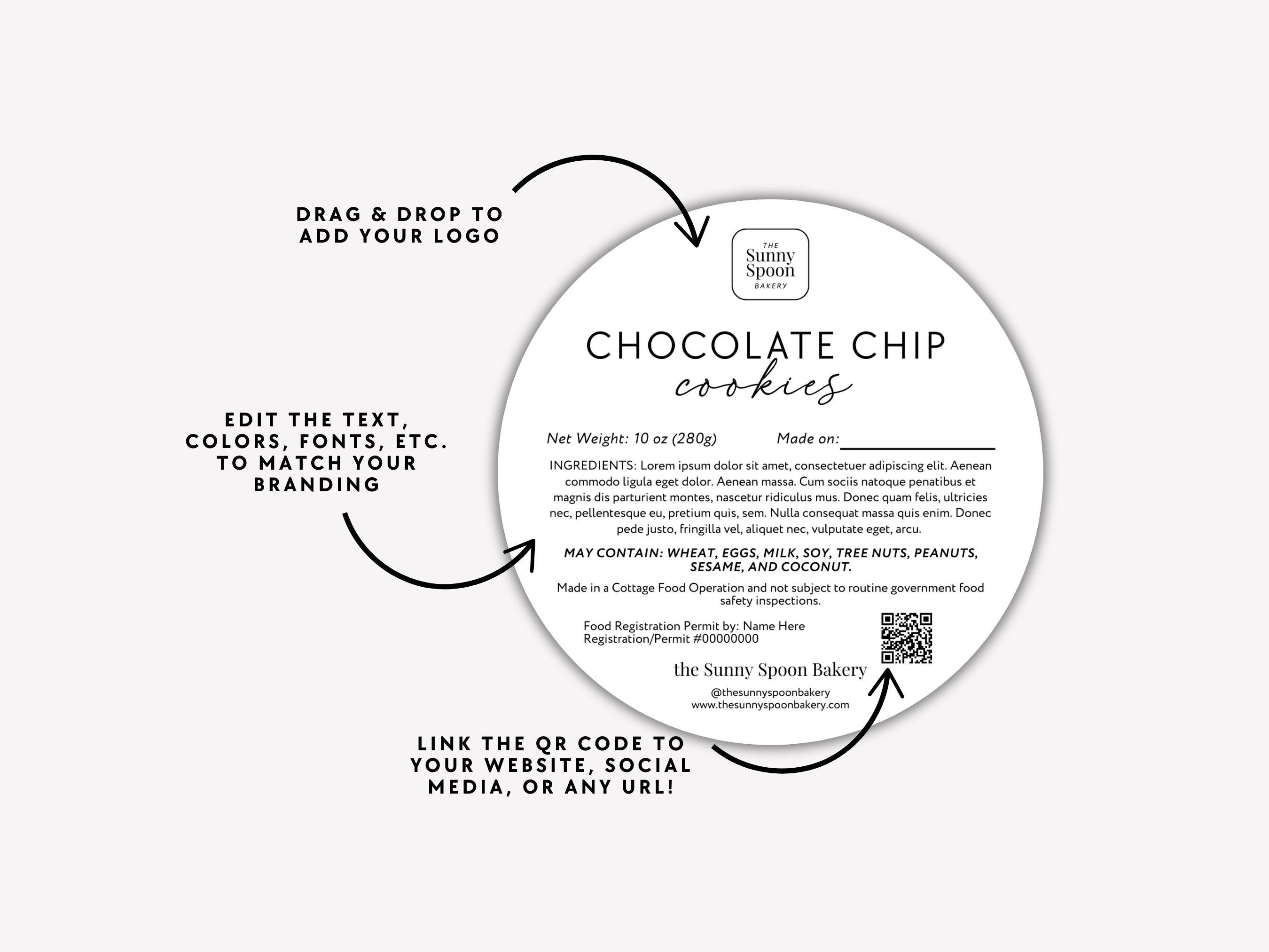 Editable Bakery Cottage Food Law Label Canva Template With QR Code ...