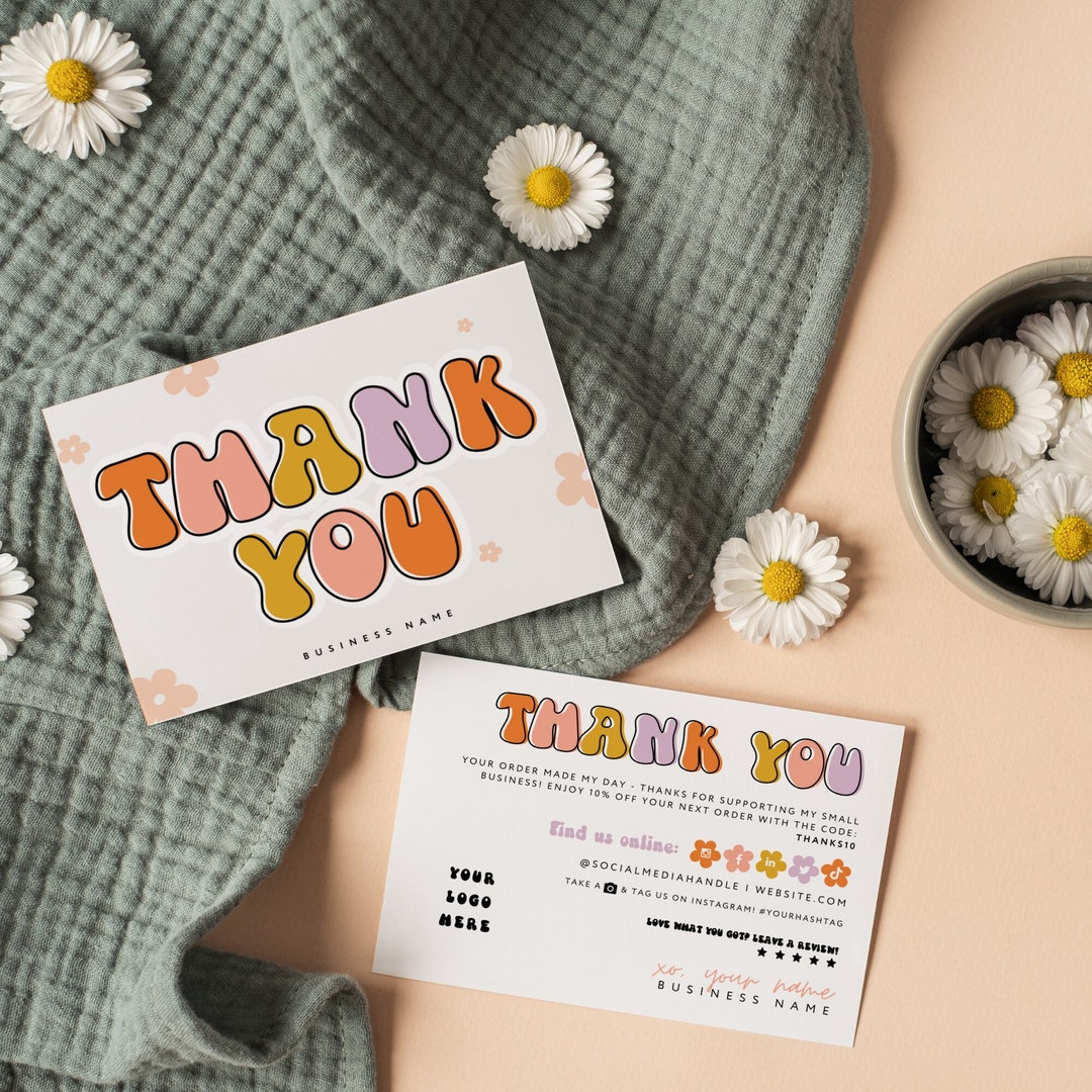 Retro Rainbow Thank You Card Canva Template, Editable Business Thank ...