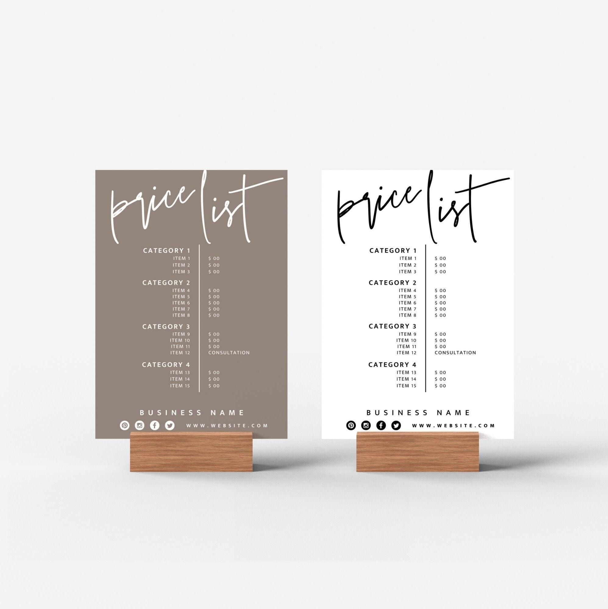 DIY Printable Price List Template, Editable Price Sheet, Pricing List ...