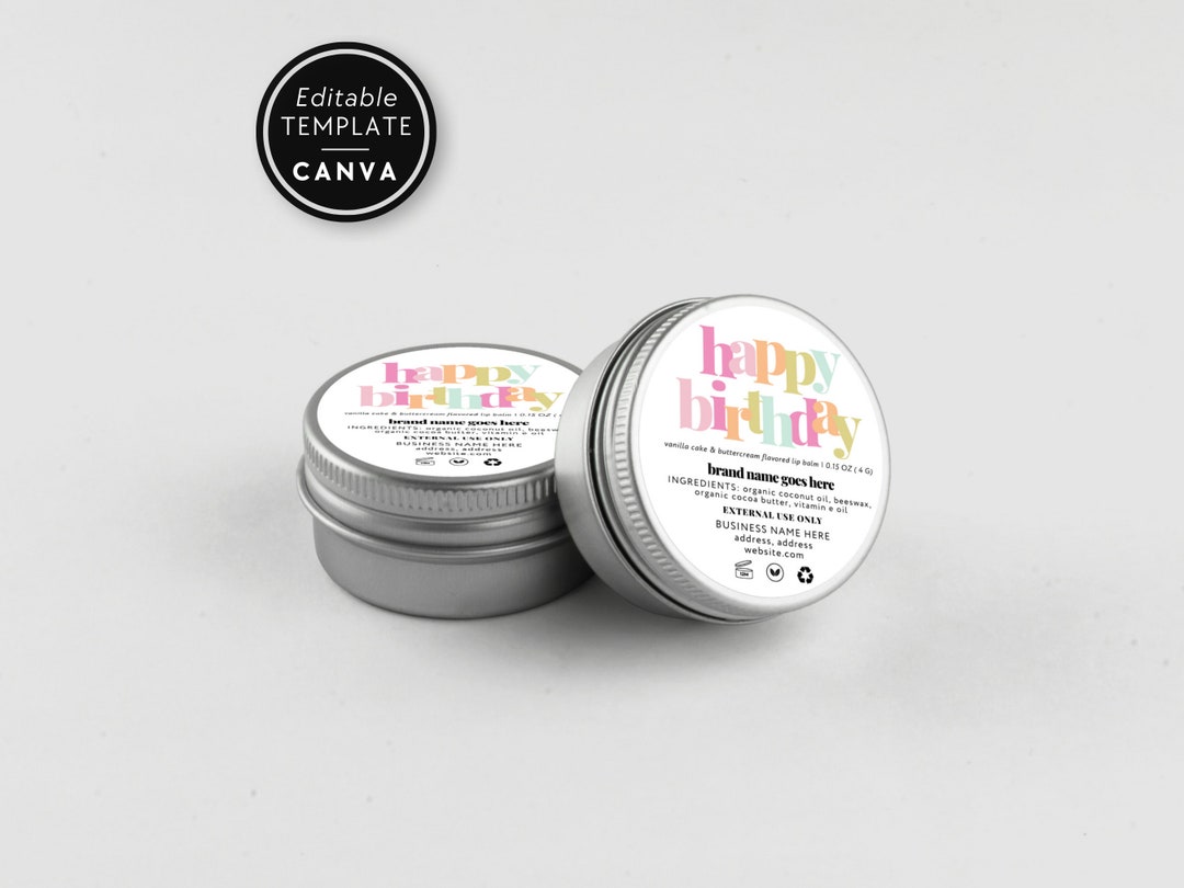 Happy Birthday Lip Balm Label Template Canva, Lip Scrub Tin Lid Label ...