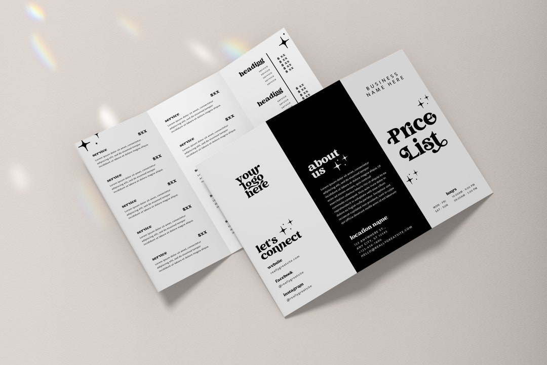 DIY Tri-fold Printable Price List Template, Editable Trifold Price ...
