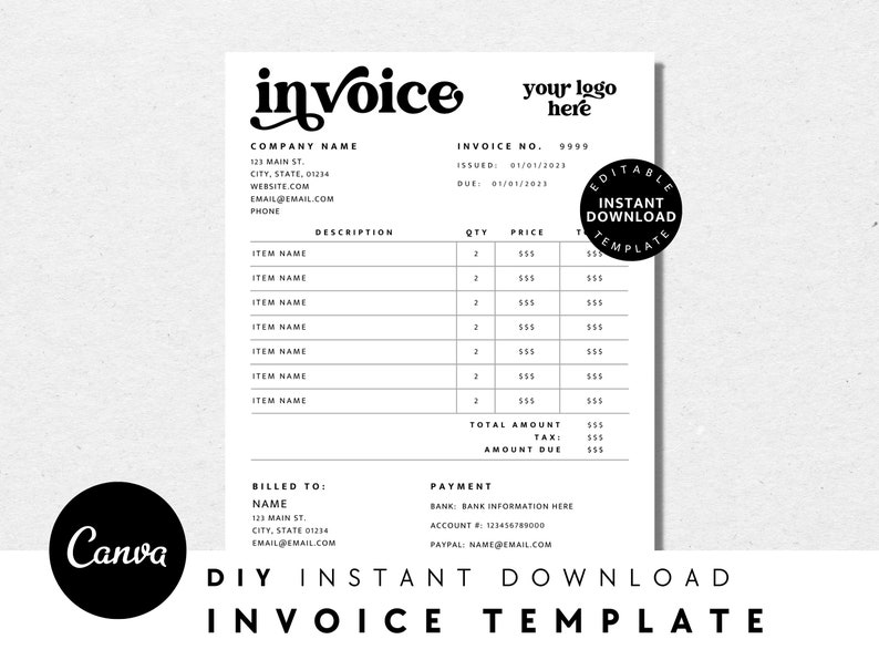 Editable Invoice Template Canva Printable Small Business - Etsy