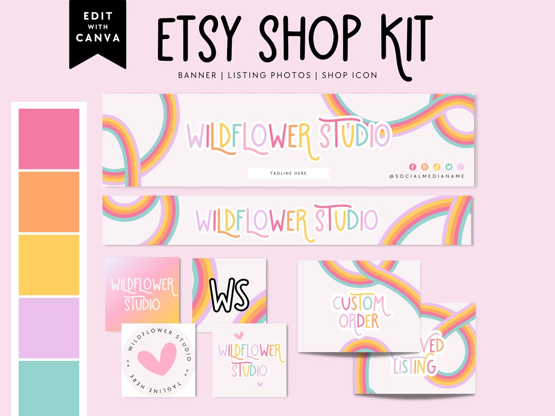 Rainbow Etsy Shop Template Canva, Pastel Etsy Banner Etsy Shop Branding ...