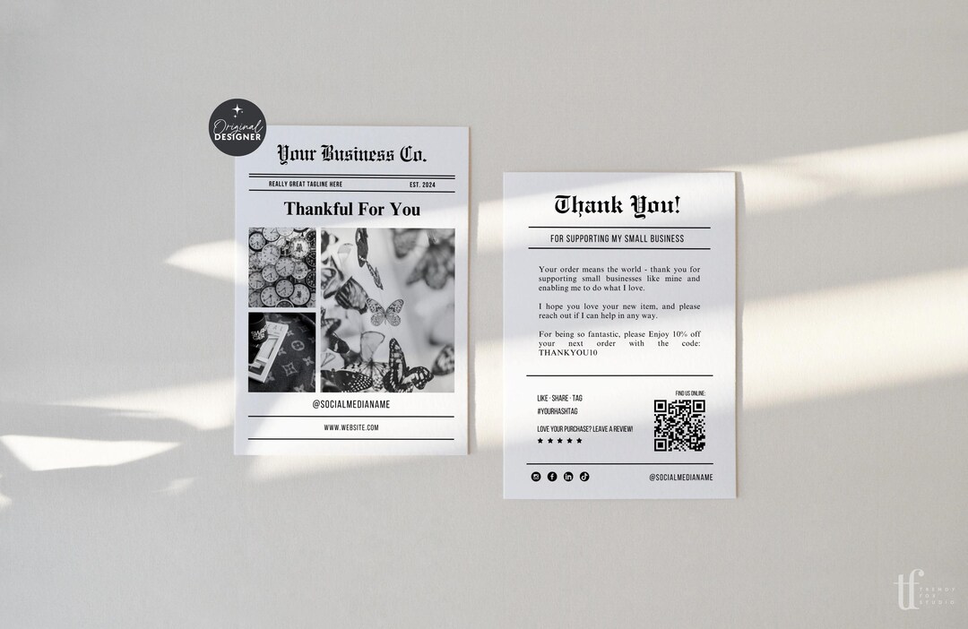 Unique Newspaper Thank You Card Canva Template QR Code, Trendy Modern ...