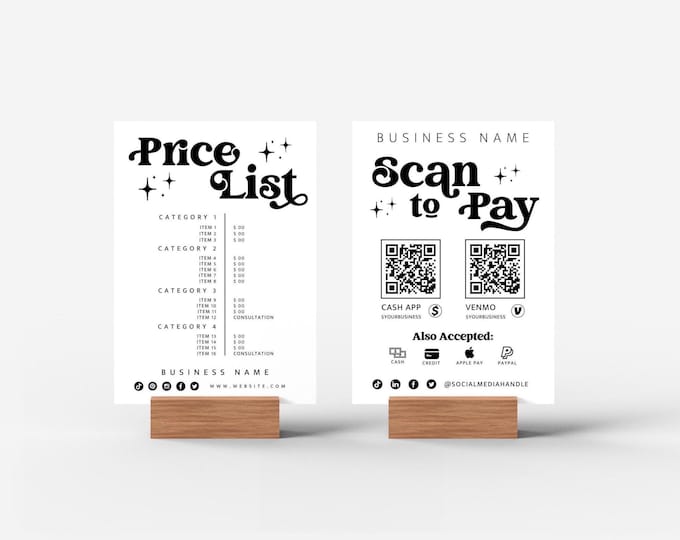 Printable Price List & Payment Sign, QR Code Sign Template, Editable ...