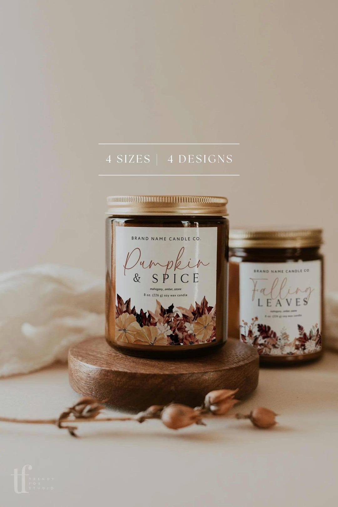 Fall Candle Label Canva Template, Autumn Watercolor Leaves Pumpkin ...