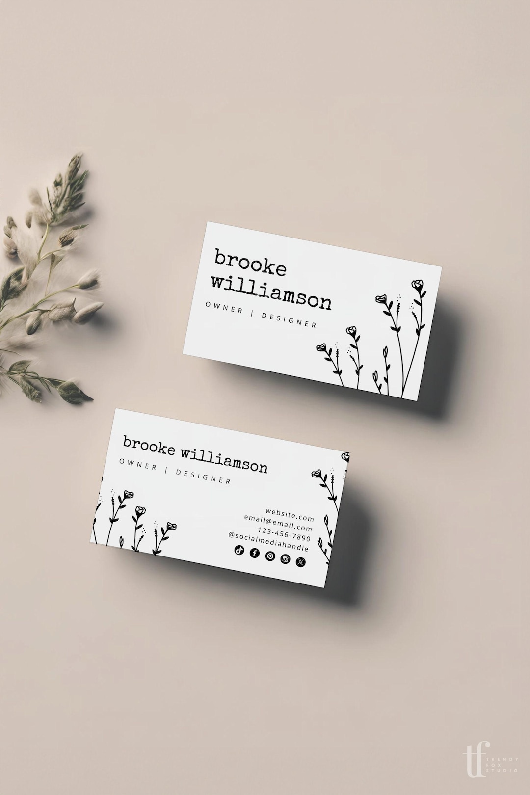 Editable Rustic Botanical Business Card Canva Template, Simple Floral ...