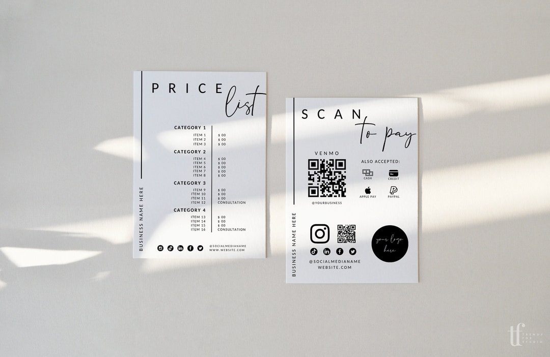 Printable Price List & Payment Sign Template Canva, QR Code Sign, DIY ...