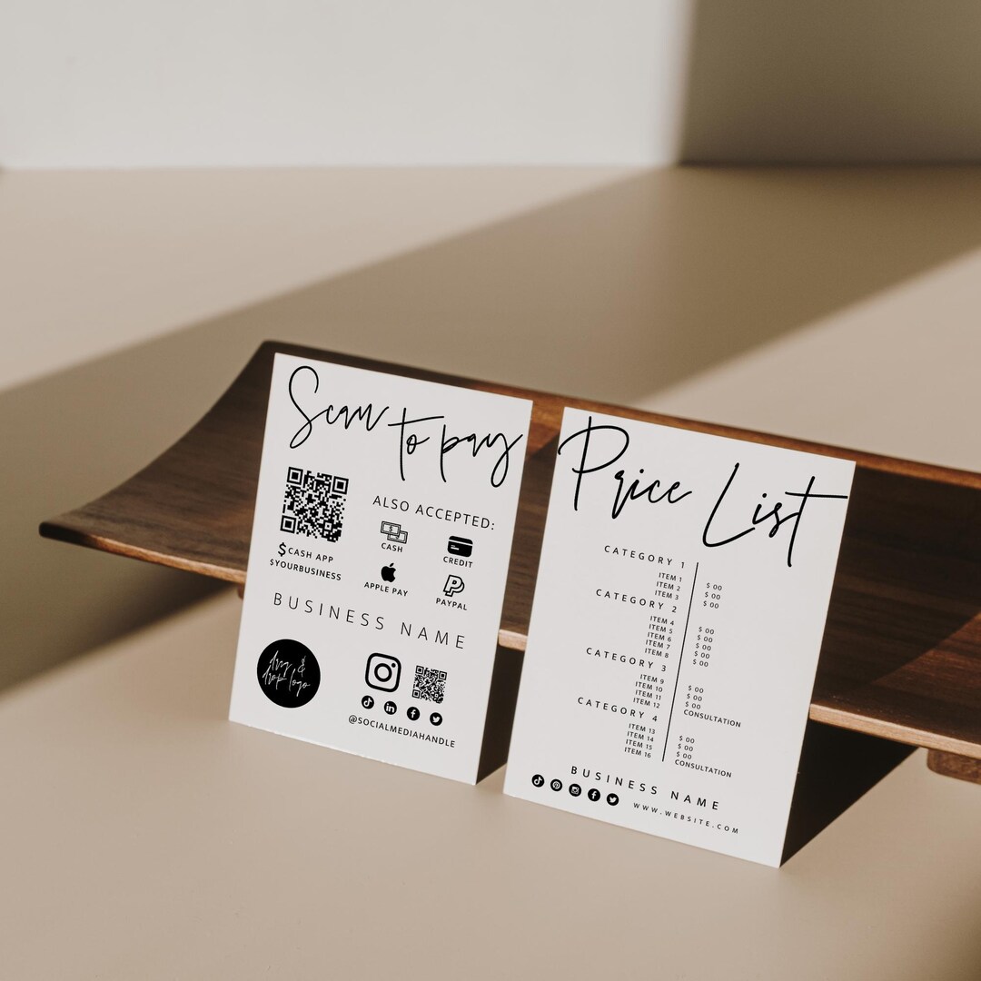 Printable Price List & Payment Sign, QR Code Sign Template, Editable ...