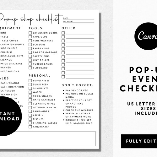 Pop-up Shop Checklist Vendor Event Planner Craft Show - Etsy