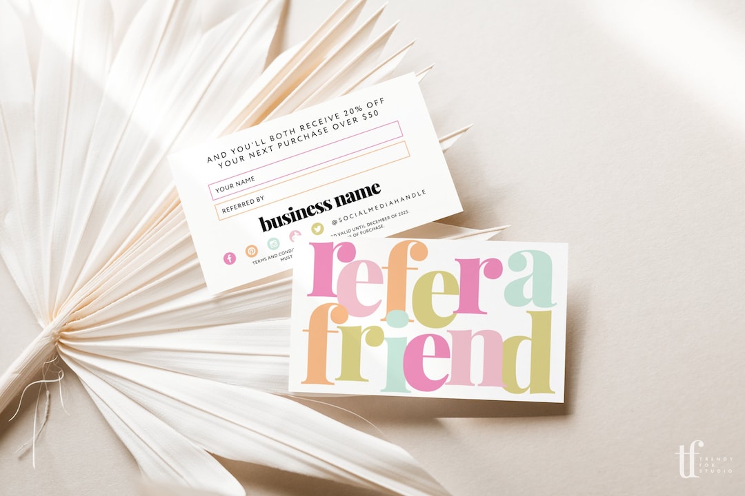 Rainbow Refer A Friend Business Card Canva Template, Printable Fun Cute ...