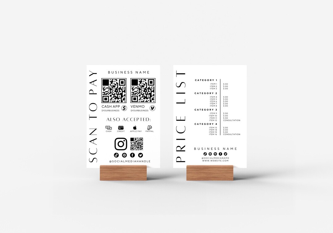 Printable Modern Price List & Payment Sign, QR Code Sign Template ...