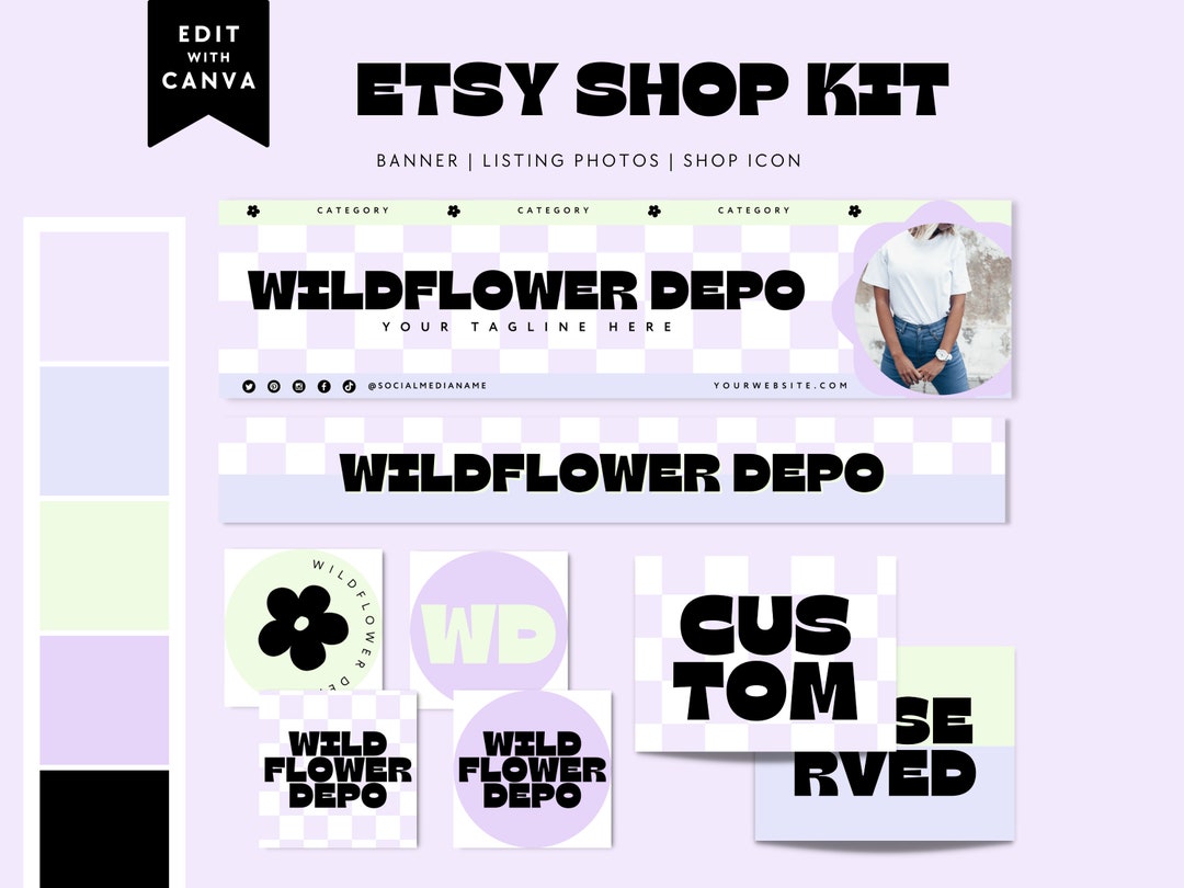 Pastel Etsy Shop Template Canva, Y2k Etsy Banner Checkered Etsy Shop ...