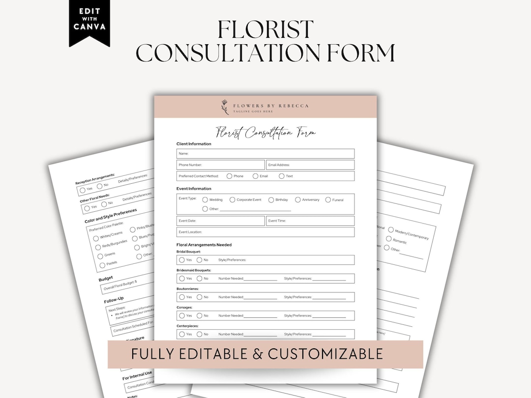 Editable Florist Consultation Form Canva Template, Floral Business ...