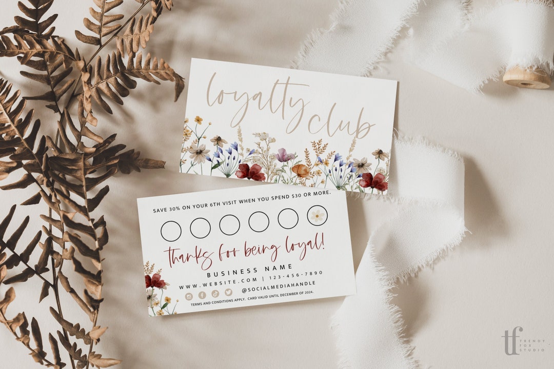 Boho Loyalty Card Template, Watercolor Flowers Customer Loyalty Cards ...