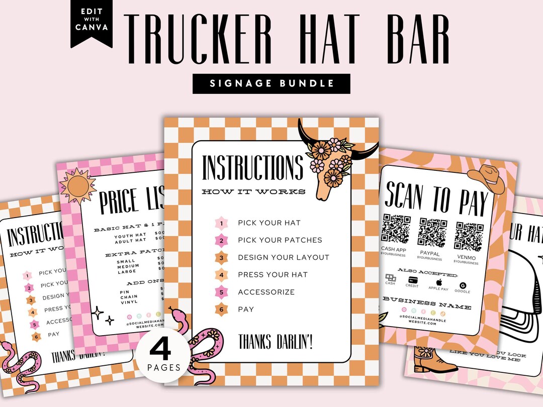 Trucker Hat Bar Signage Canva Template, Editable Hat Instructions ...