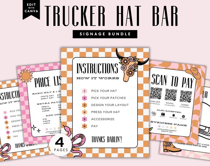 Sign Bundle for Trucker Hat Bar Checker Design, QR Code Scan to Pay ...
