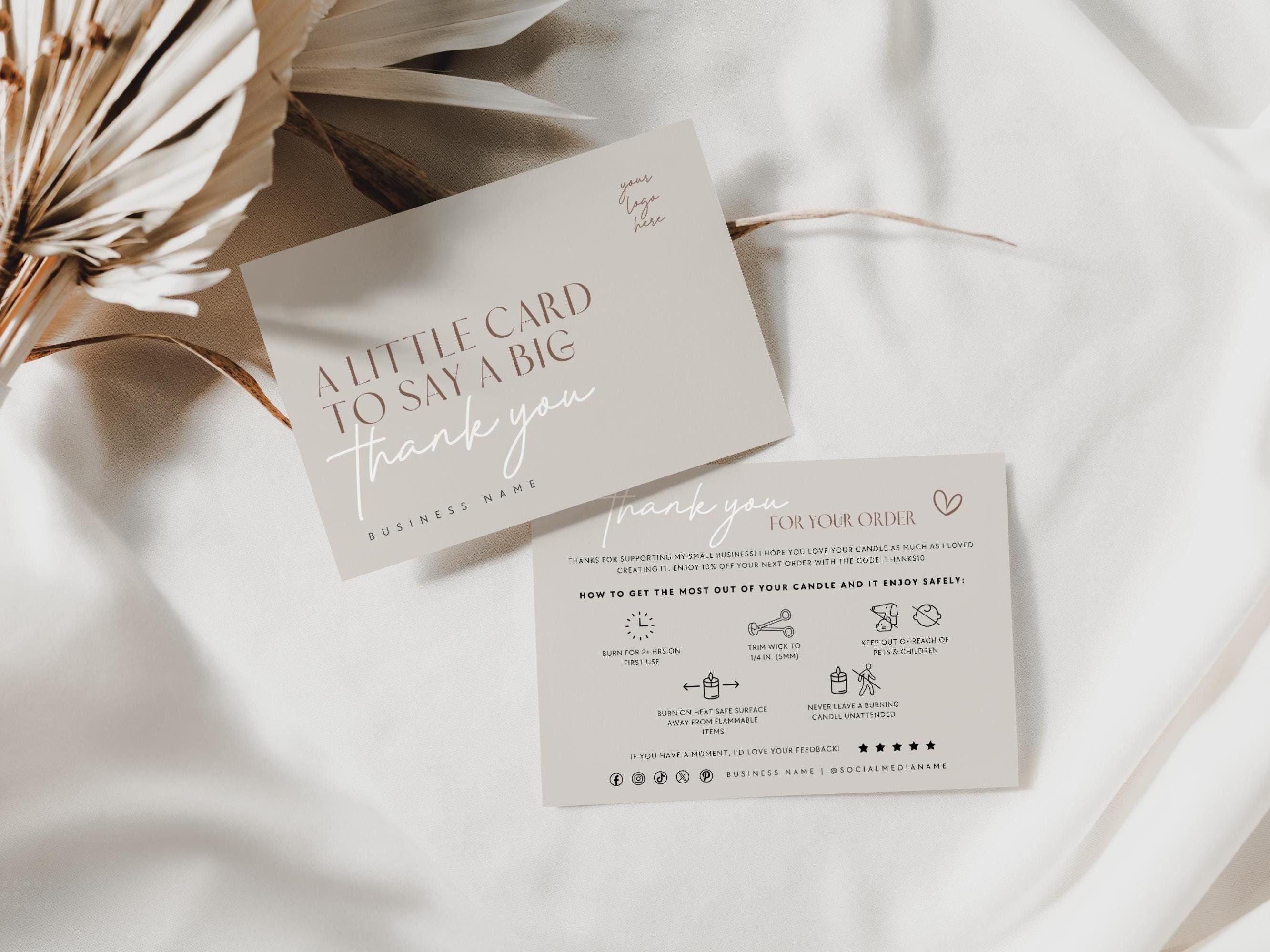 Editable Boho Thank You Card & Candle Care Card Canva Template With ...